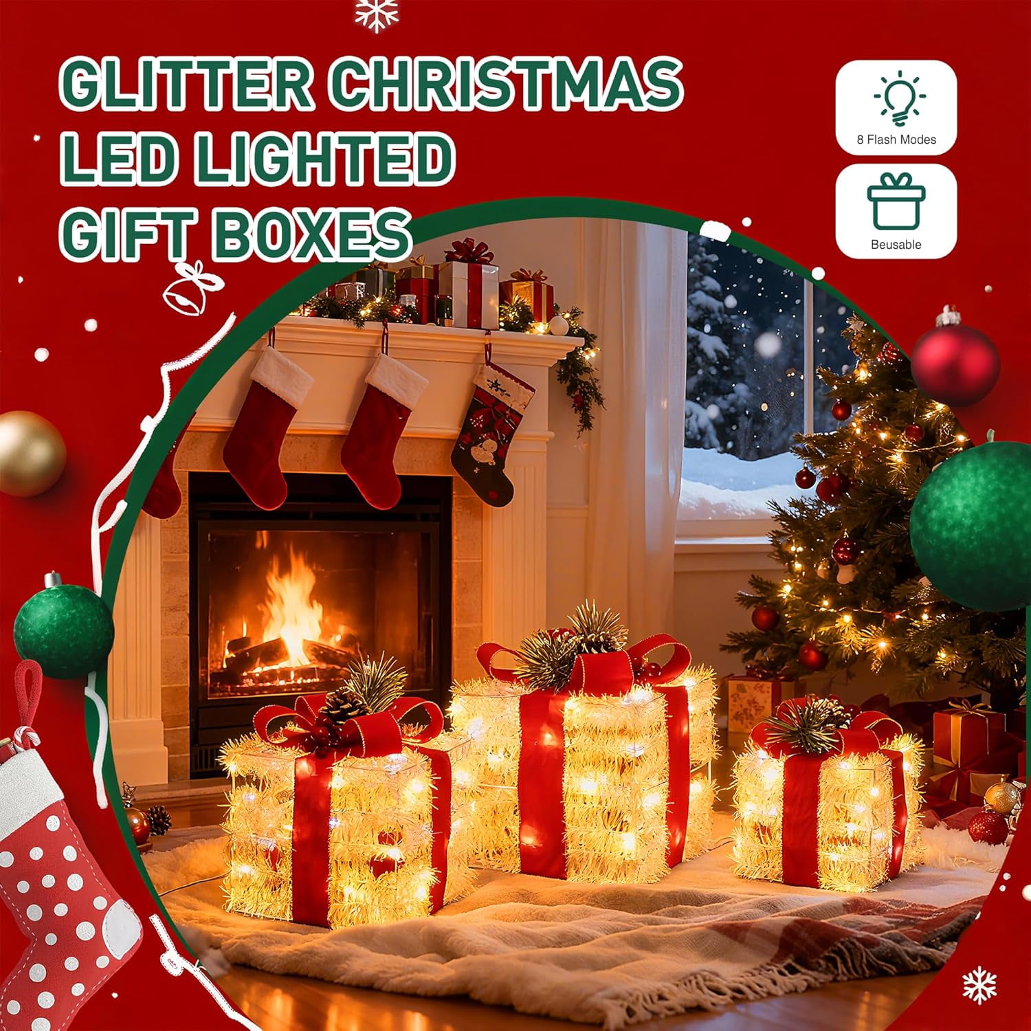SHIQI-Set of 3 Christmas Lighted Gift Boxes,Indoor Outdoor Christmas ...