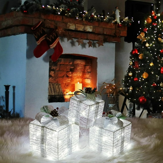 SHIQI-Set of 3 Christmas Lighted Gift Boxes, Pre-lit 60LED Light Up ...
