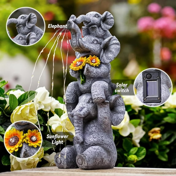 SHIQI-Solar Garden Decor Elephant Statue Outdoor, Luck Triple Elephant ...