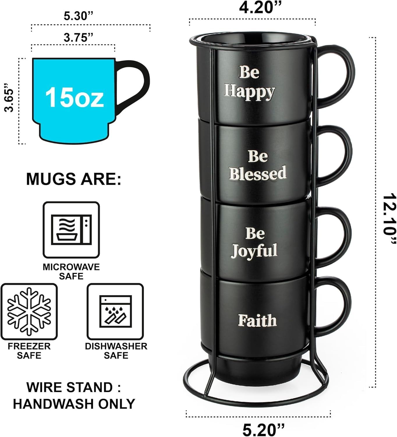 SHIQI-Stackable Coffee Mug Tower Set with Metal Wire Rack - 15 Ounce ...
