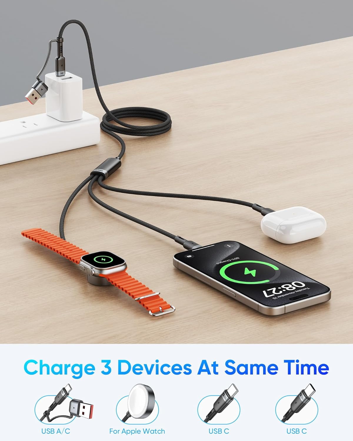 SHIQI-USB C Cable for Apple Watch Charger Fast Charging 60W [5FT/1.5M ...
