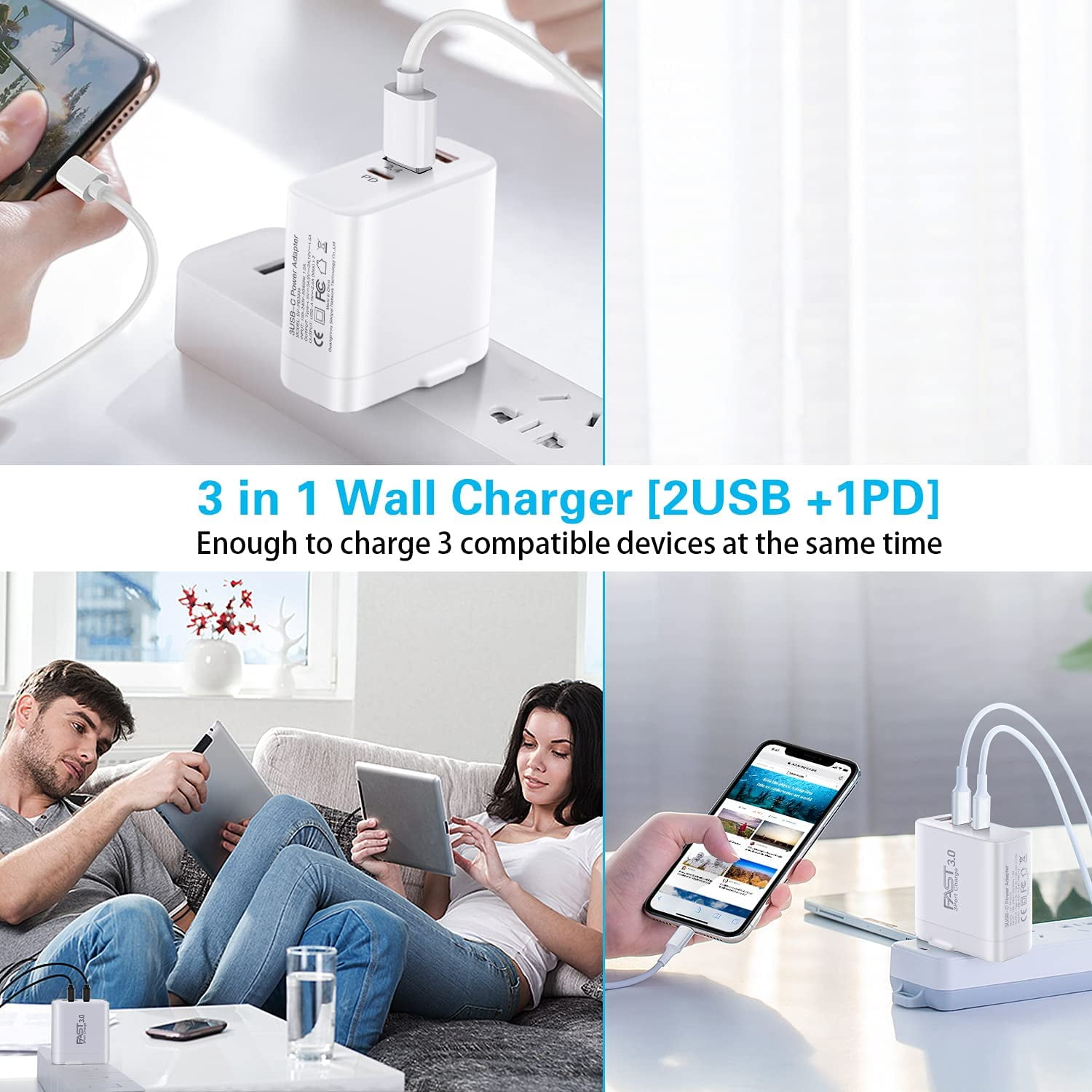 SHIQI-USB C Charger 2Pack, 30W 3-Port Fast Type C Wall Charger Block ...