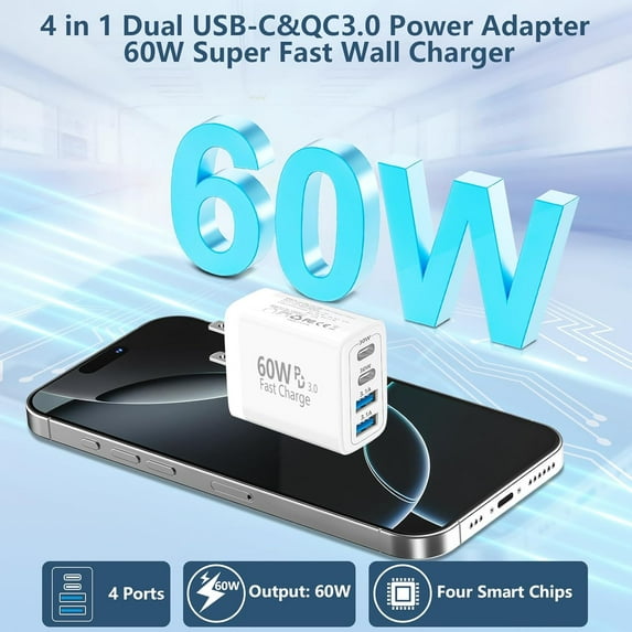 SHIQI-USB C Charger Block, 2Pack 4Port USB C Charger 60W Dynamic Power ...