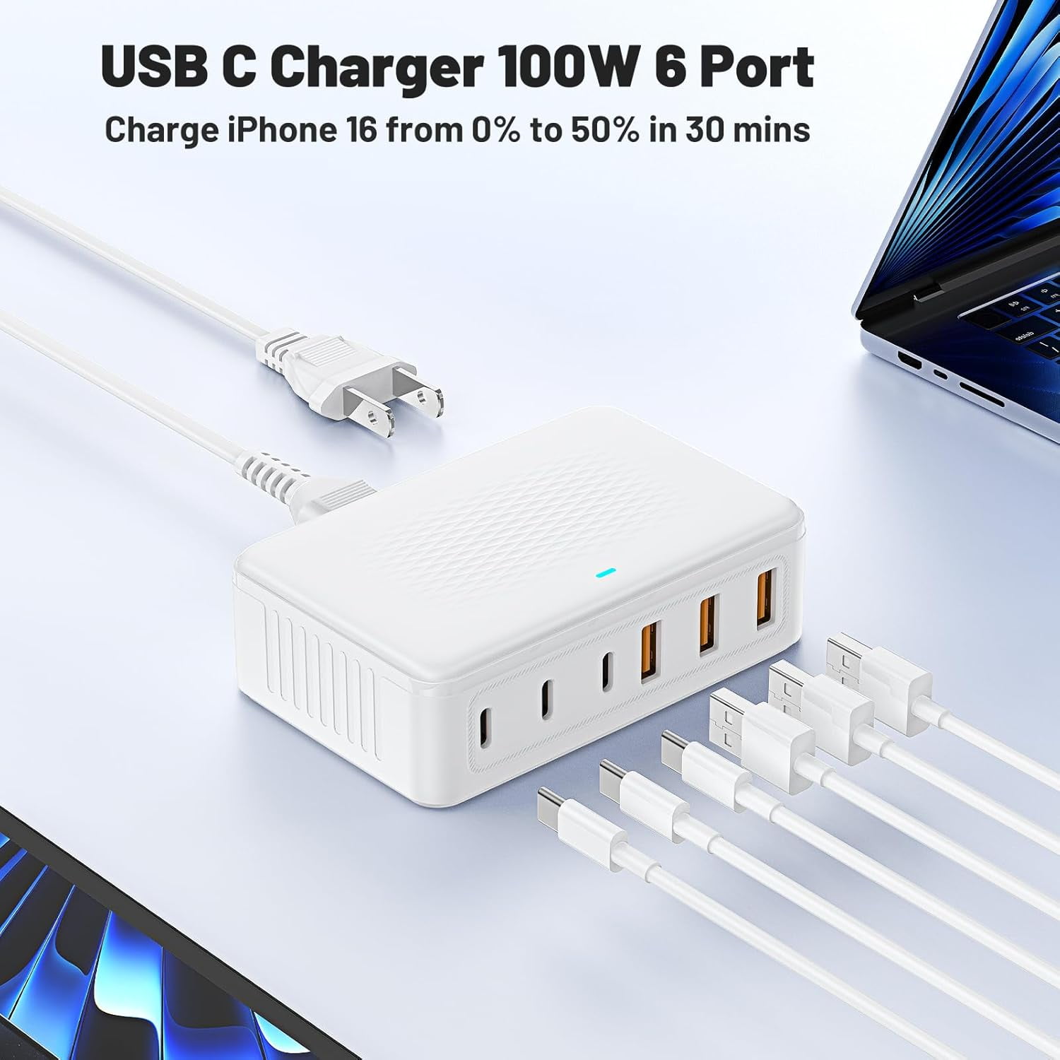 SHIQI-USB C Fast Charger Block, 100W GaN 6 Port Type C Charging Station ...
