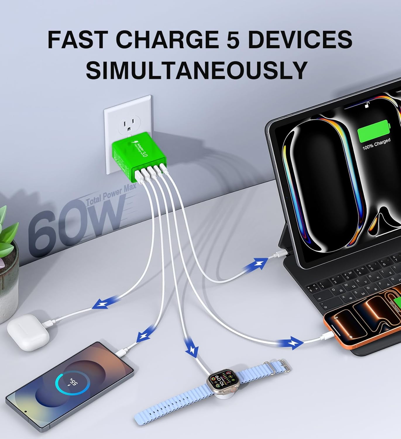 SHIQI-USB C Wall Charger, 60W USB C Charger Block 5-Port PD Fast ...