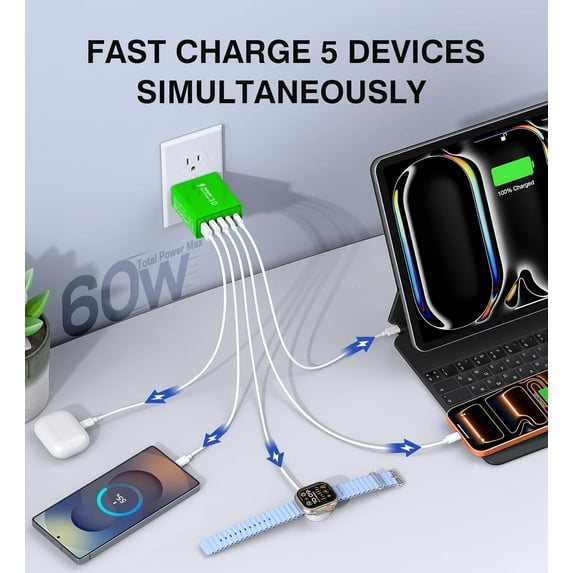 SHIQI-USB C Wall Charger, 60W USB C Charger Block 5-Port PD Fast ...