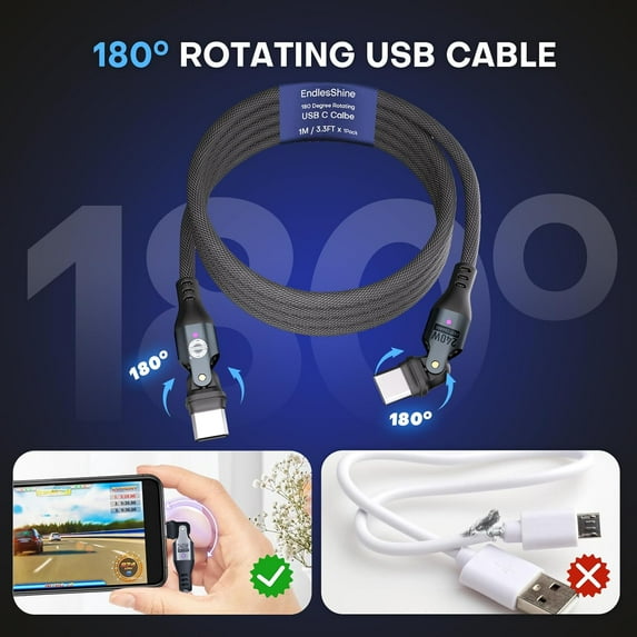 SHIQI-USB Cable Type C to C 180° Rotation PD 240W (2- Pack 6+6ft) USB2 ...