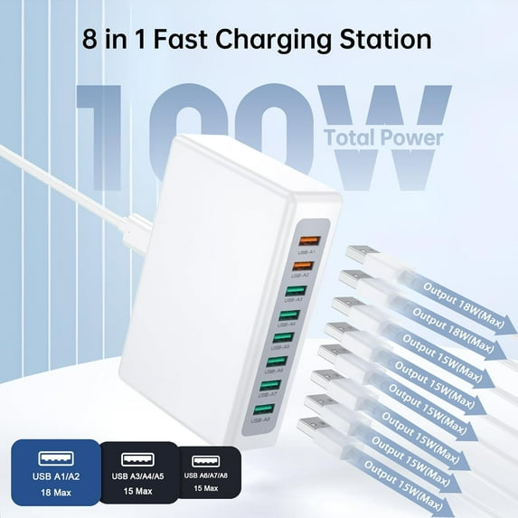 SHIQI-USB Charger Block, 100W 8 Port USB Charging Station for Multiple ...