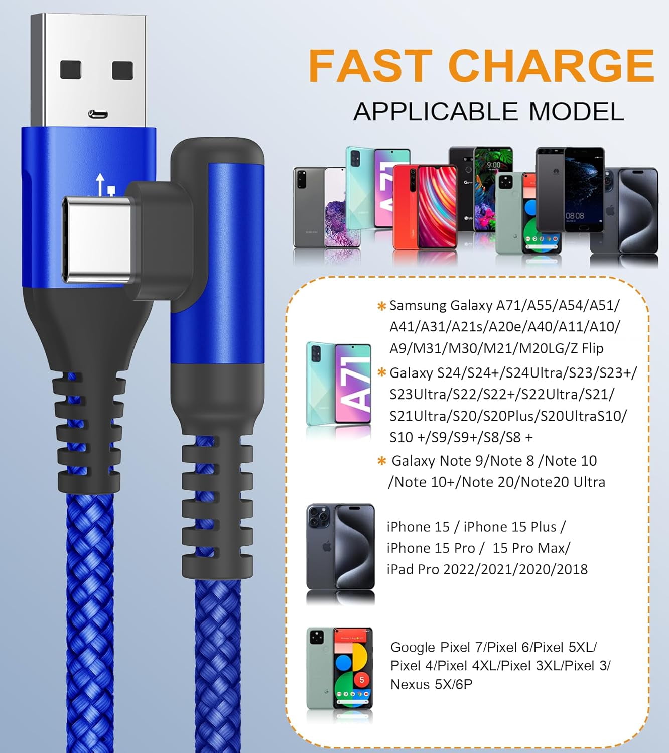 SHIQI-USB Type C Charger Cable Right Angle [2-Pack,6.6FT] 3.1A Nylon ...