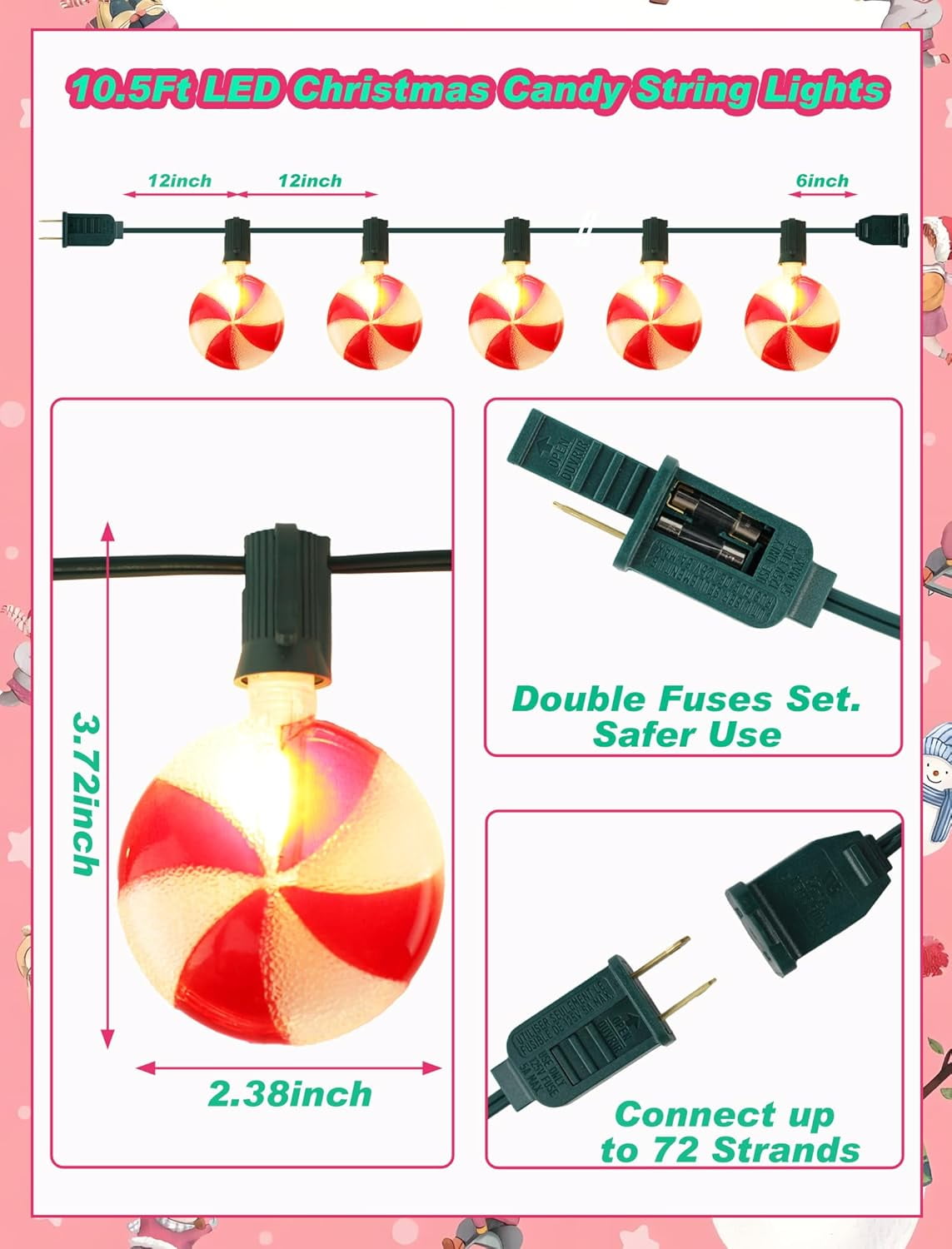 SHIQI-Vintage Peppermint Christmas Lights-10.5FT 10 LED Connectable ...