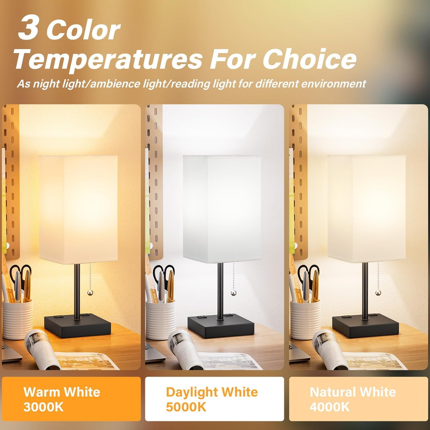 SHIQI-White Medium Table Lamp with USB Ports - 3 Color Temperature ...