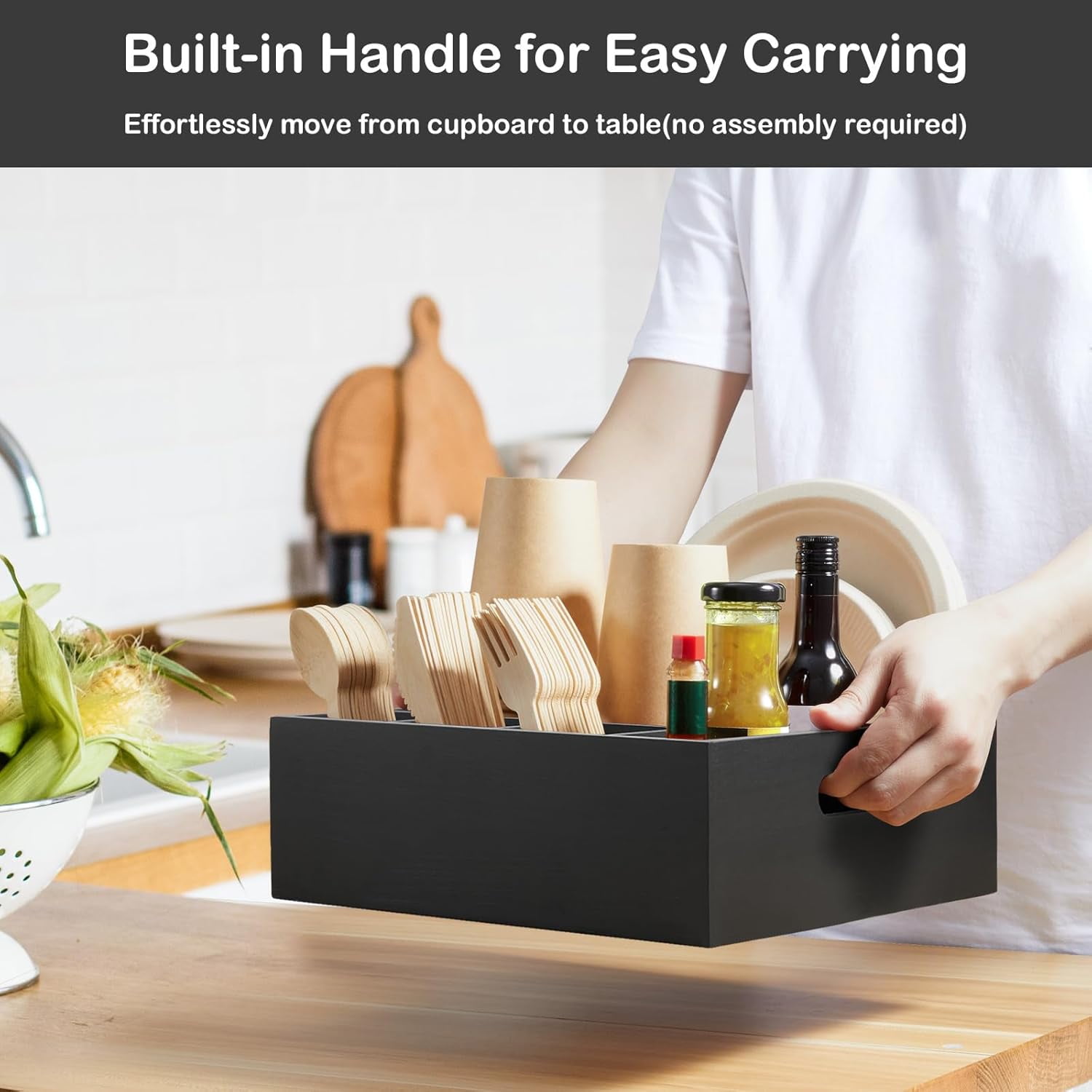 SHIQI-Wood Utensil Holder for Party, 6-Compartment Paper Plate ...