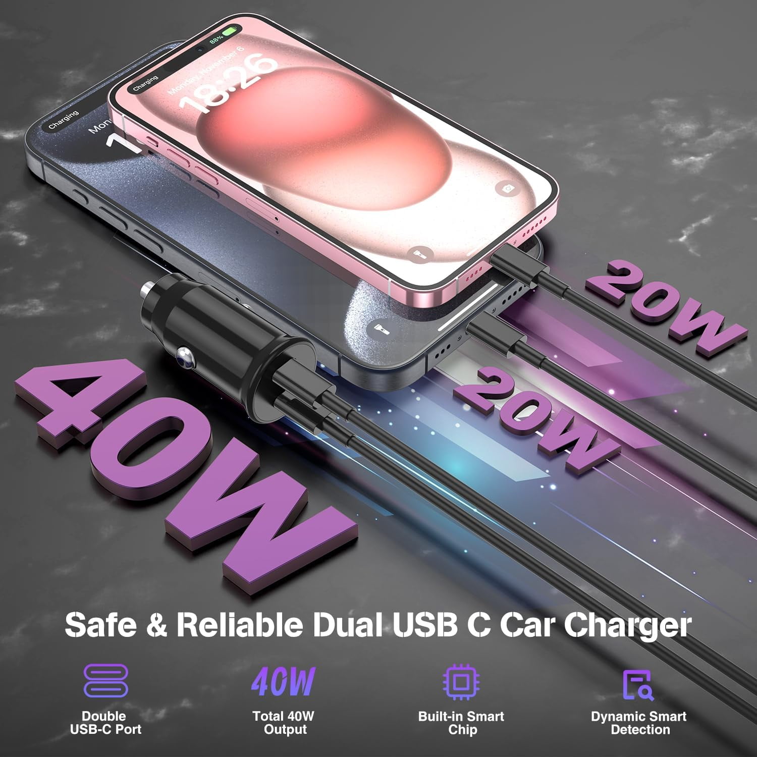 SHIQI-for iPhone 17 16 15 Car Charger Fast Charging, 40W Dual Port USB ...