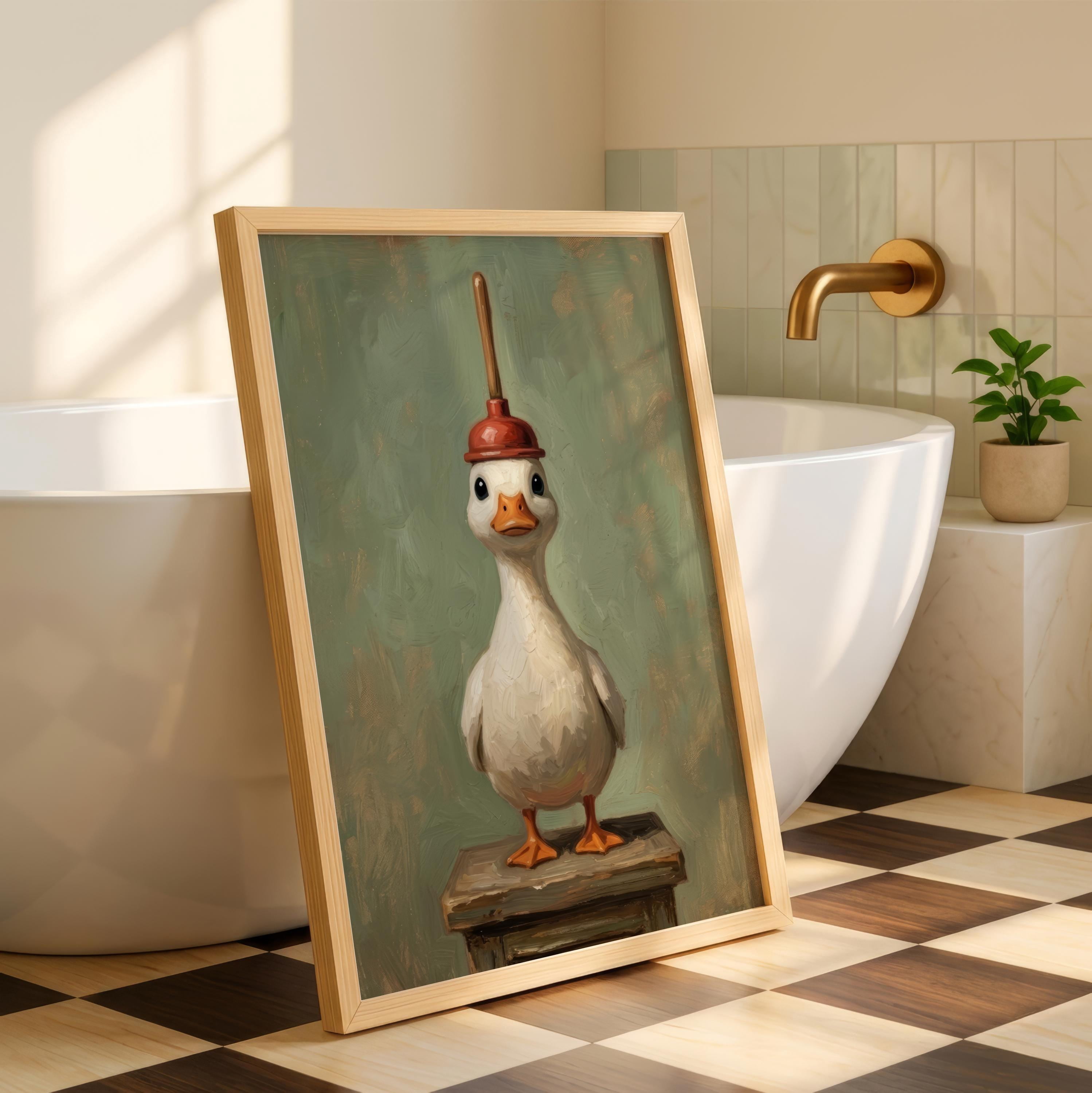 SHIRVA White Duck With Red Plunger Print, Funny Bathroom Art, Whimsical ...