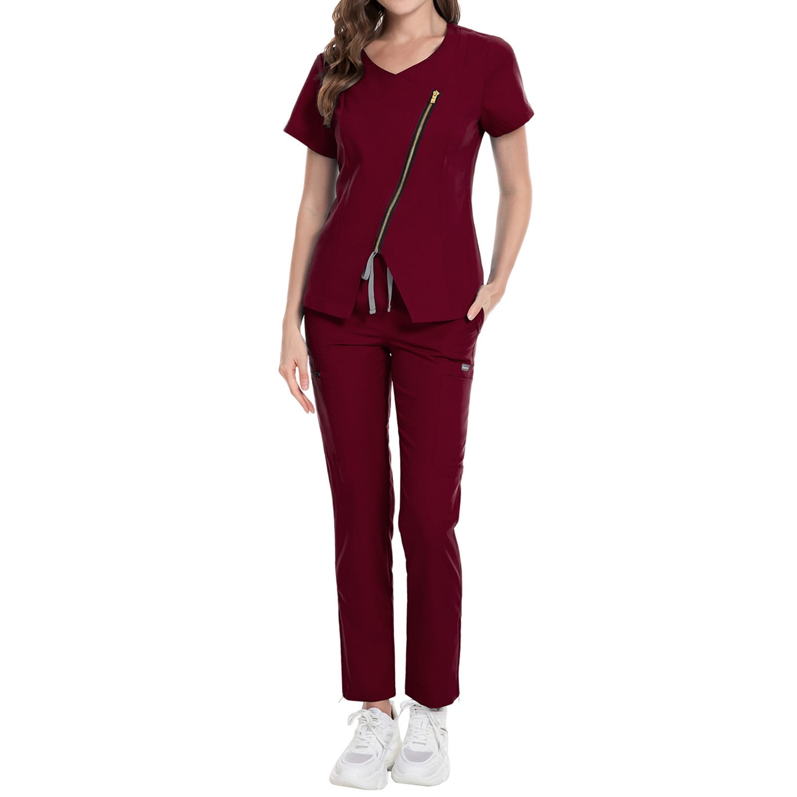 SHITINN Women'S Scrubs Nursing Working Uniform Set Suit Red Scrub Pants ...