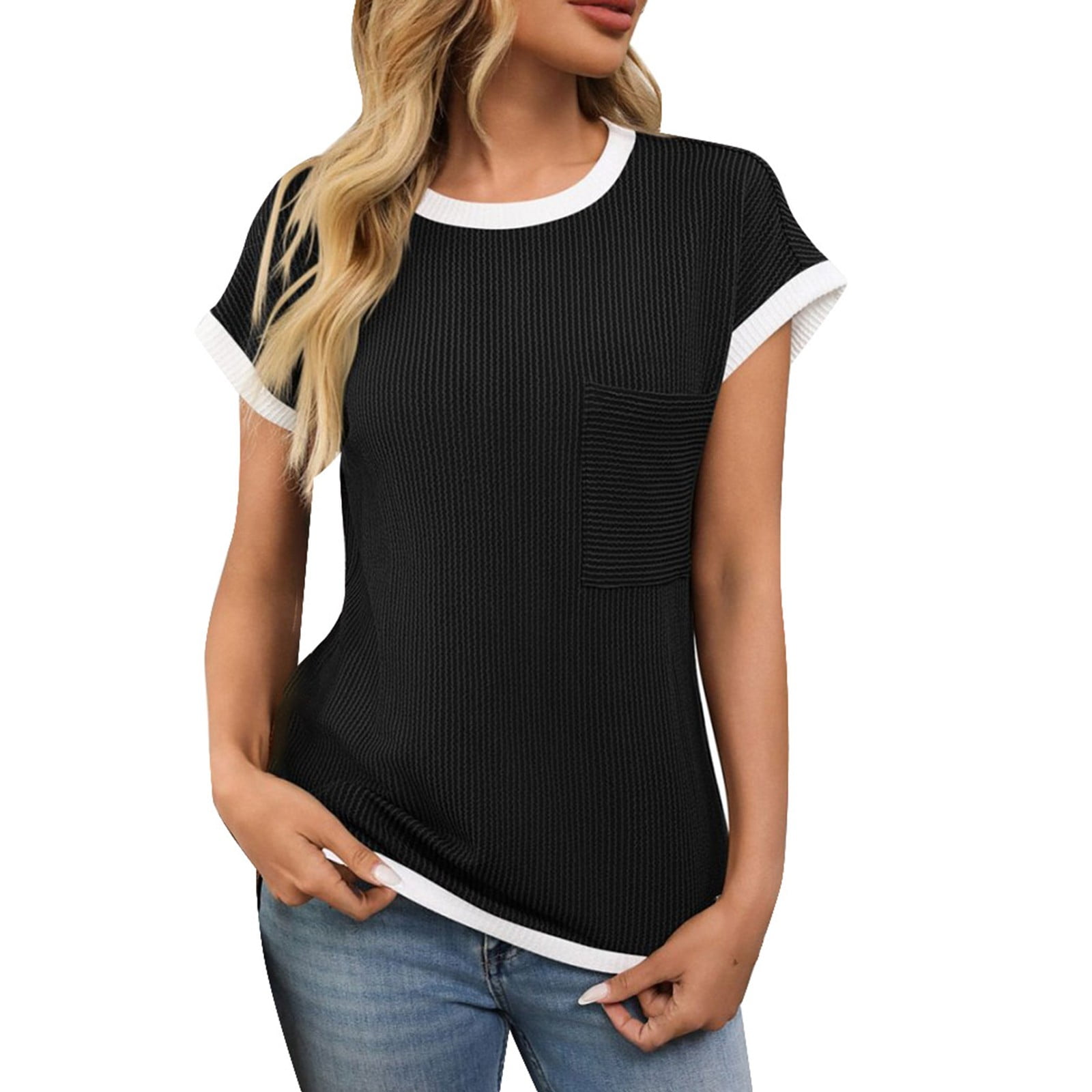 SHITINN Women's Short Sleeve T Shirts Crewneck Color Block Ribbed Knit ...