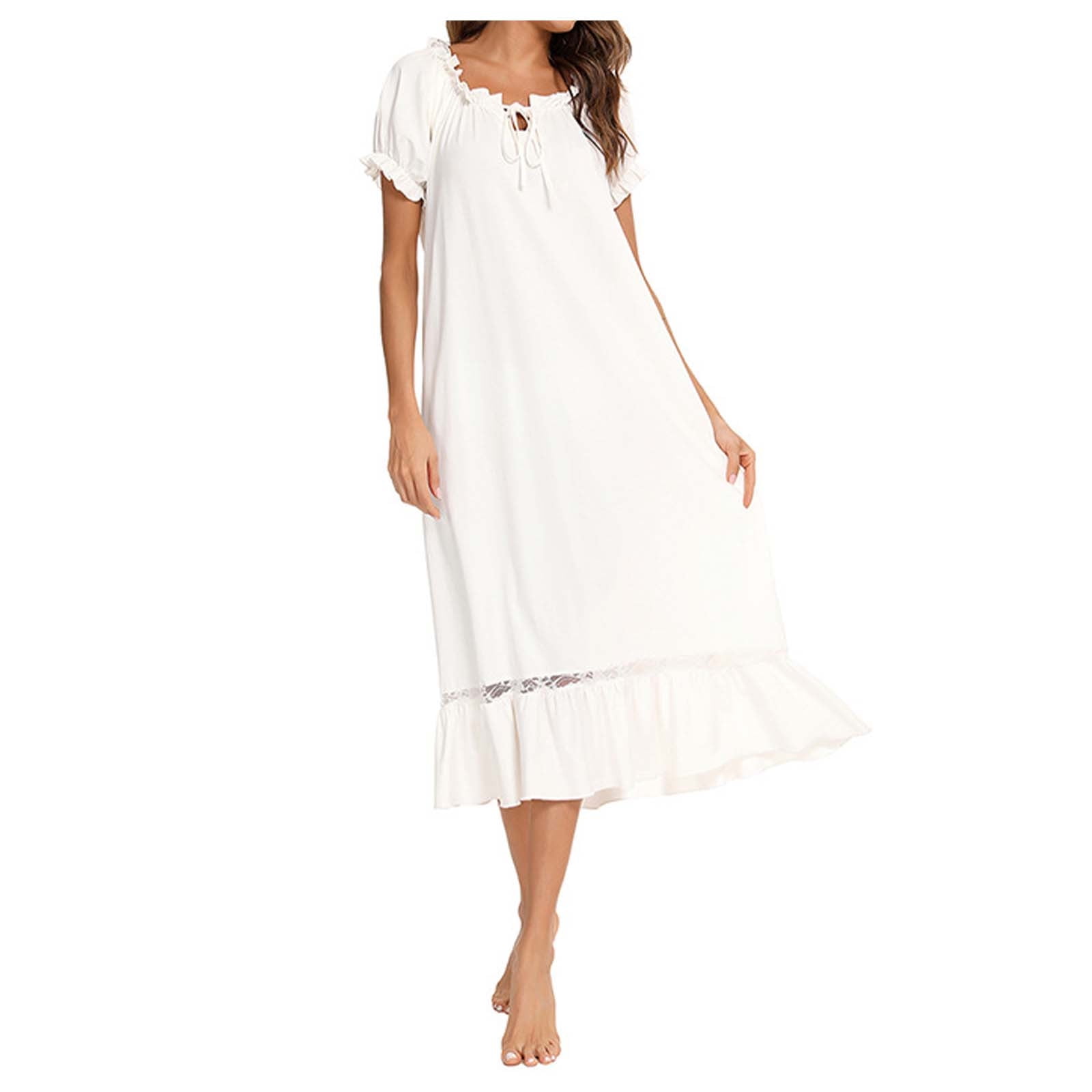 SHITINN Women's Solid Color Lace Splice Short Sleeve Nightgown Cute ...