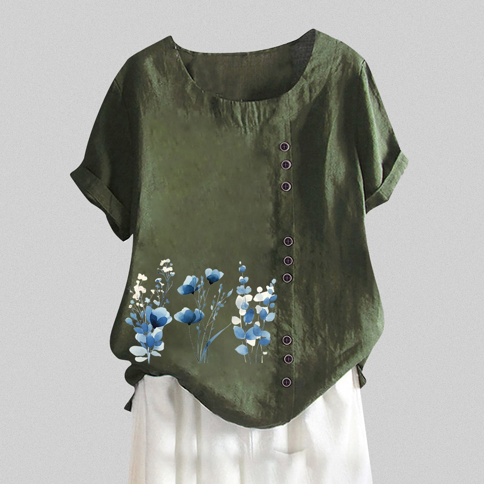 SHITINN Women's Summer Comfort Linen Round Neck Short Sleeve with ...