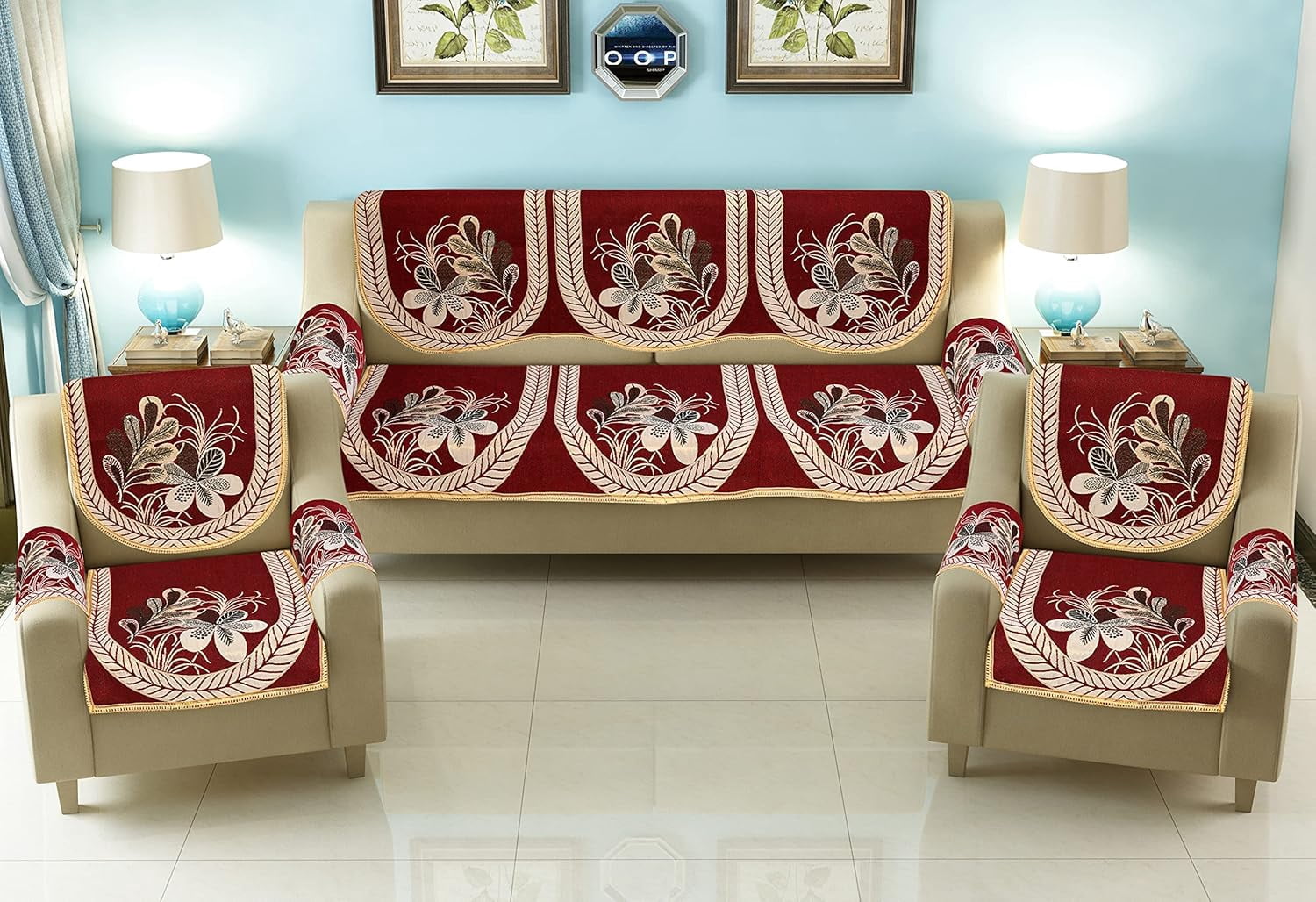 SHIV KIRPA Royal Look Cotton Sofa Cover Set with Heavy Fabric Floral ...
