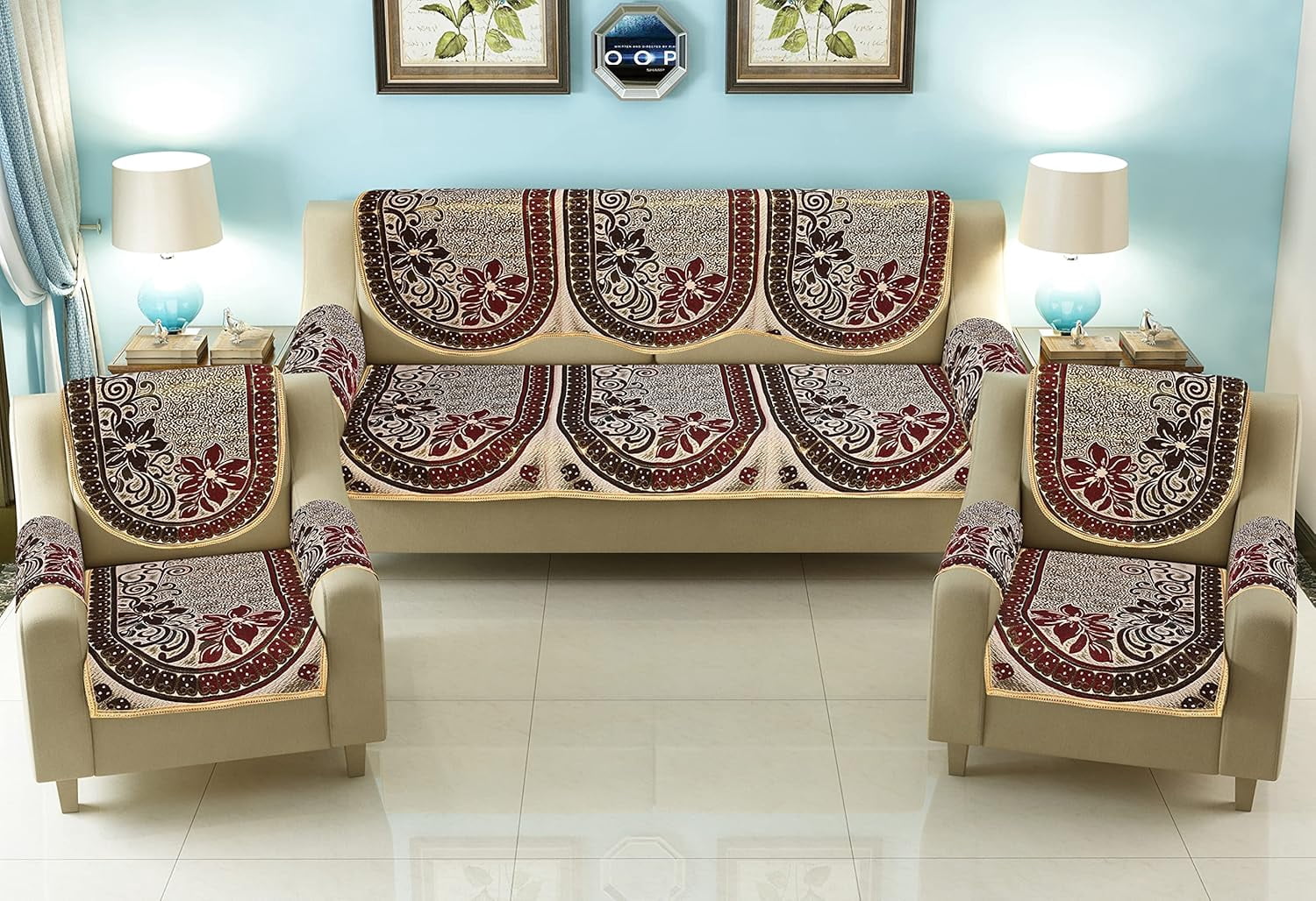 SHIV KIRPA Royal Look Cotton Sofa Cover Set with Heavy Fabric Floral ...