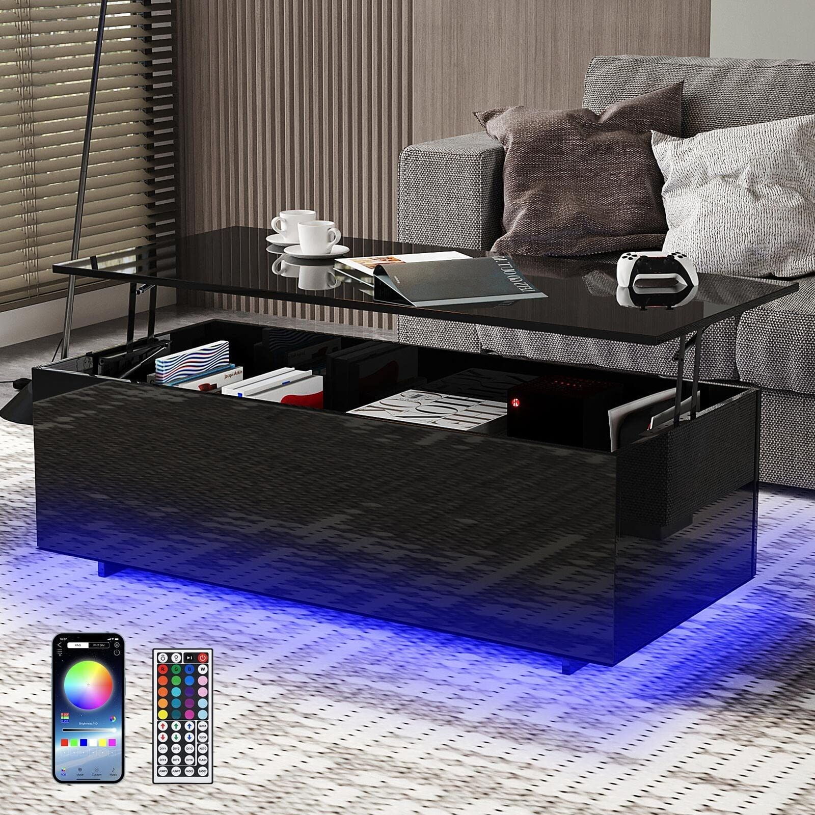 "SHIYAO 47"" LED Lift Top Coffee Table, Adjustable High Gloss Furniture with Open Storage, Black ...