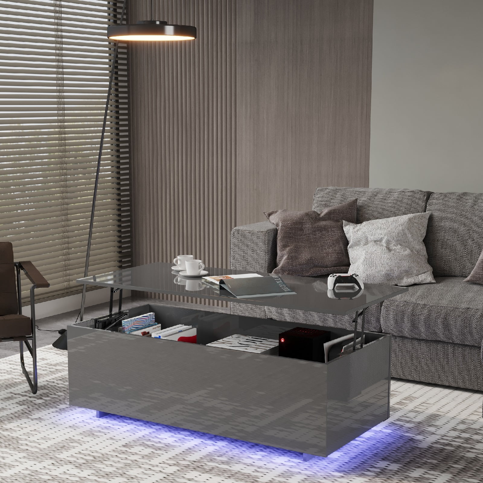 SHIYAO 47inch Modern LED Coffee Tables Lift Top with Storage and Hidden ...