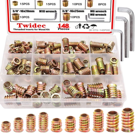 SHIYOU-/148PCS Threaded Inserts for Wood Kit 1/4"-20, 5/16"-18, 3/8"-16 ...