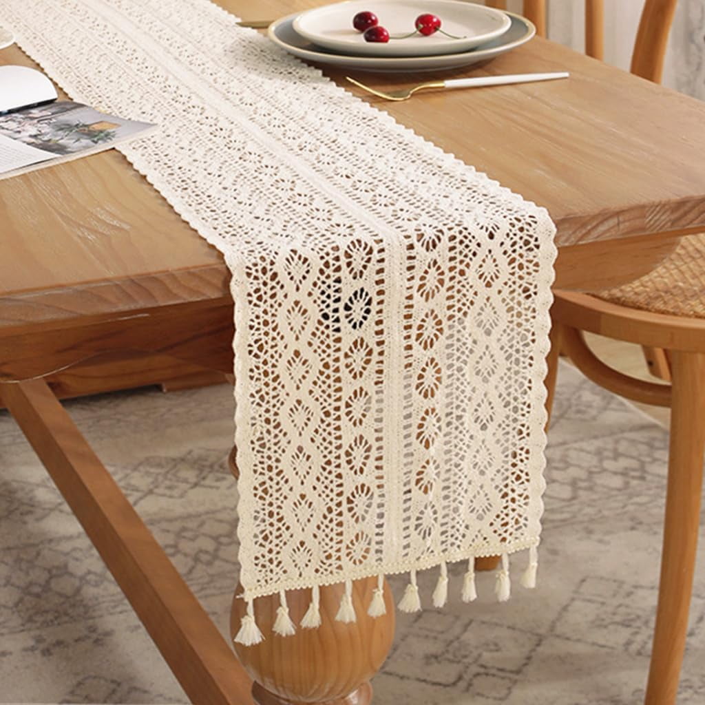 SHIYOU-36 Inch Boho Crochet Lace Table Runner, Vintage Beige Bohemian ...