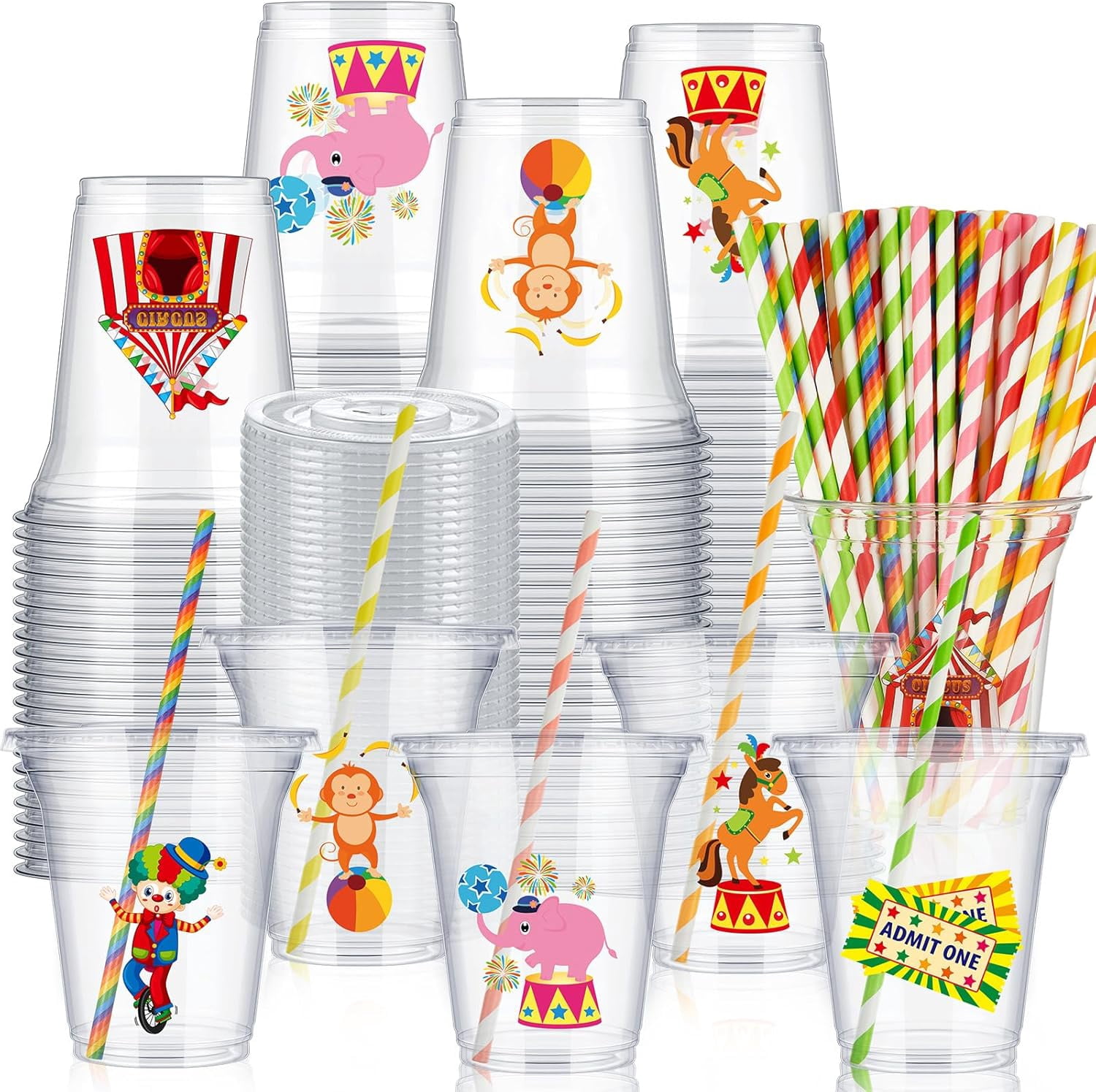 SHIYOU-36 Sets Circus Carnival Cups with Lids and Paper Straws 14 oz ...