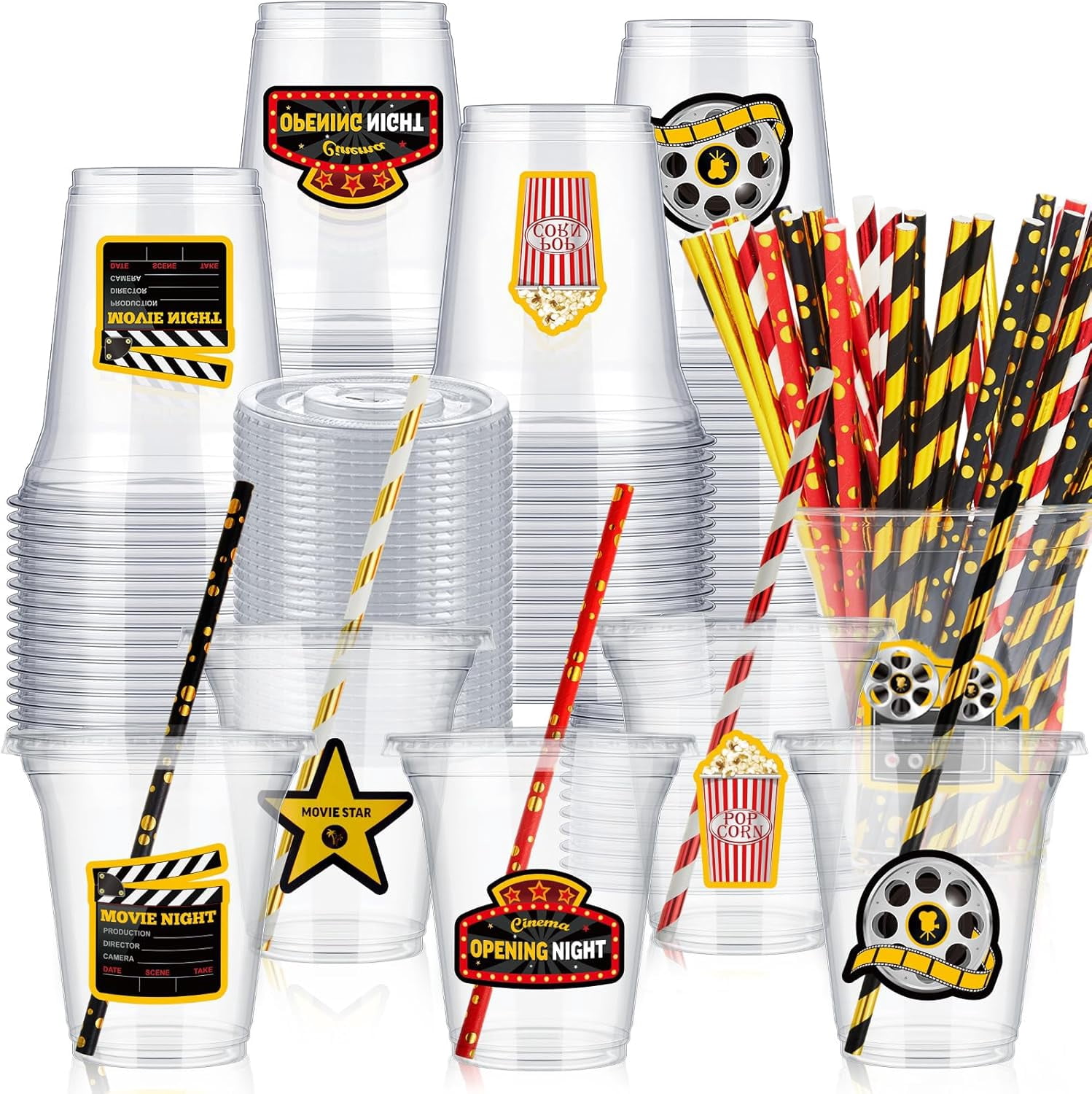 SHIYOU-36 Sets Movie Night Party Cups with Lids and Paper Straws 14 oz ...