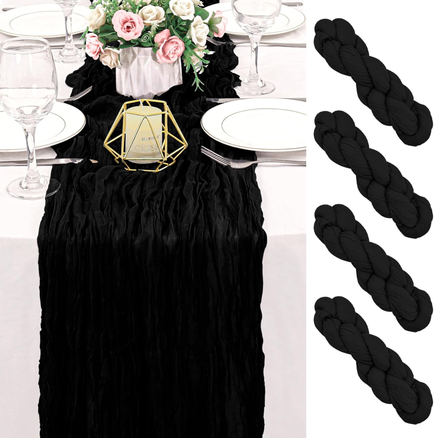 SHIYOU-4 Pack 120 Inch Black Cheesecloth Table Runner Boho Rustic Gauze ...