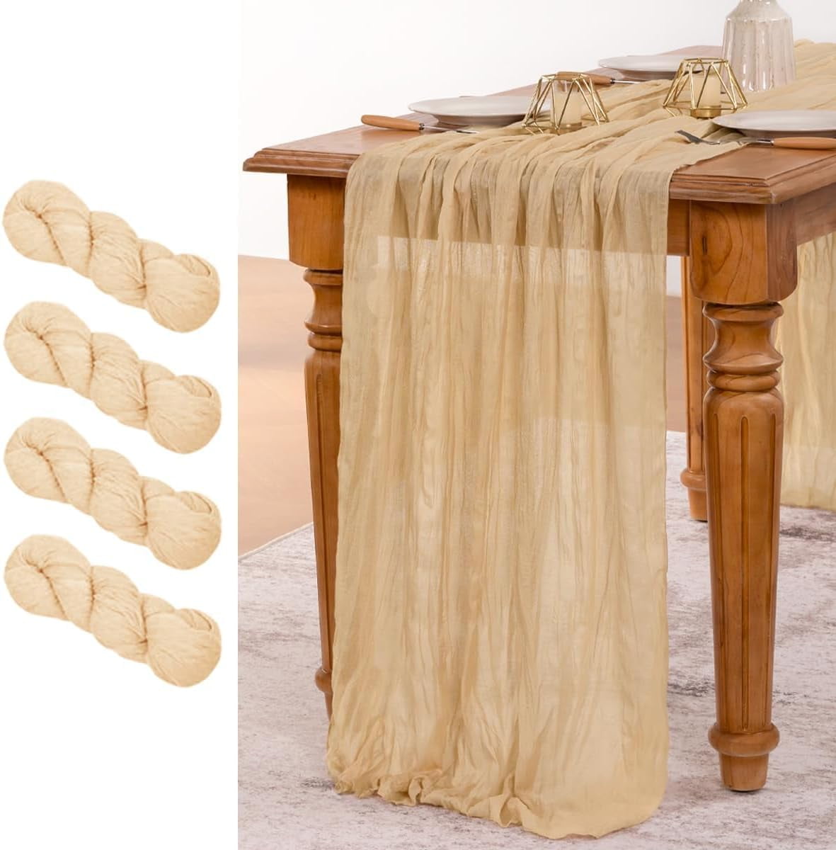 SHIYOU-4 Pack Champagne Gold Table Runner Cheesecloth Summer Boho Gauze ...