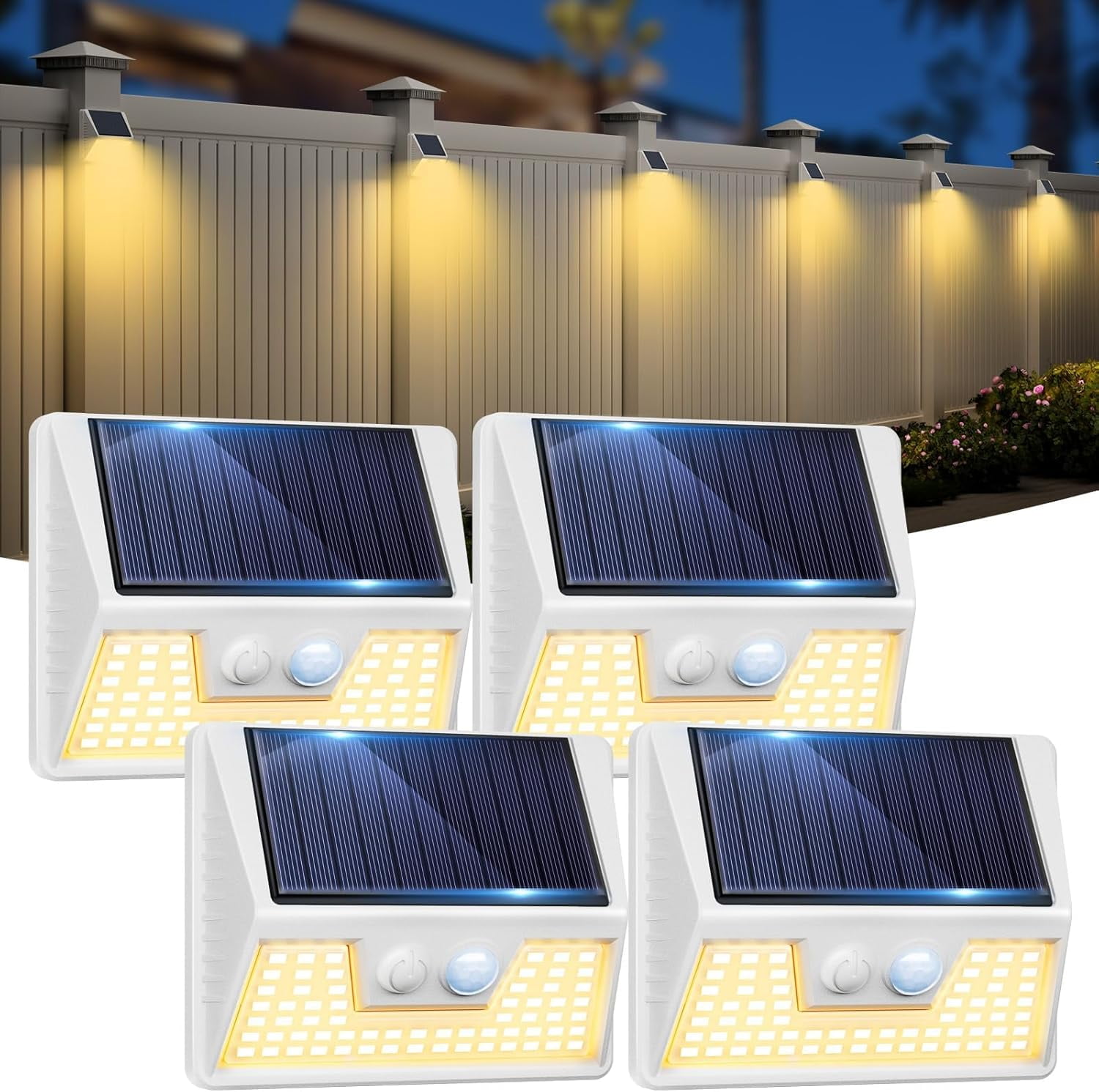 SHIYOU-4 Pack Solar Fence Lights Waterproof, Motion Sensor Deck, Warm ...