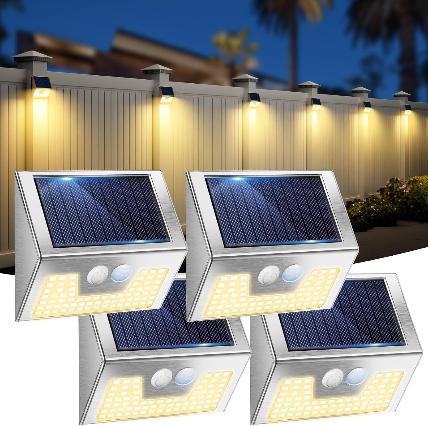 SHIYOU-4 Pack Solar Lights Outdoor Motion Sensor, Waterproof Fence ...
