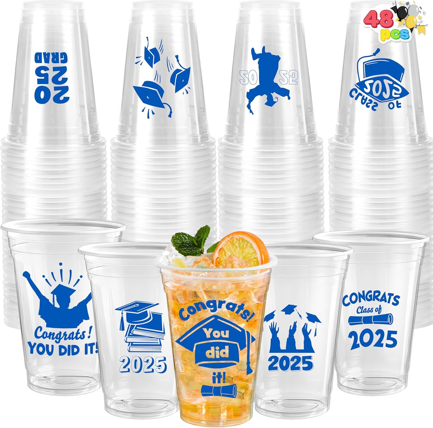 SHIYOU-48 Pcs Blue Graduation Cups Party decorations, 16 Oz Disposable ...