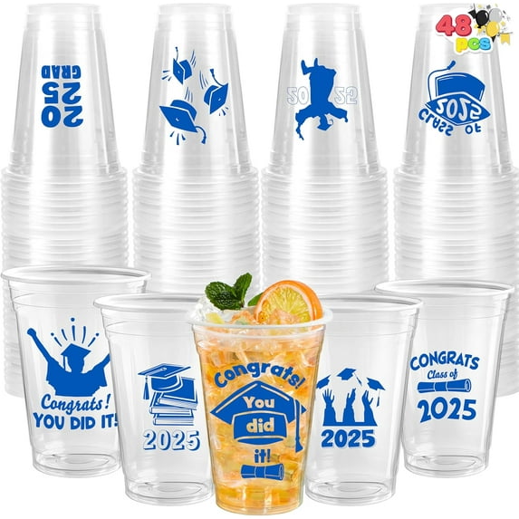 SHIYOU-48 Pcs Blue Graduation Cups Party decorations, 16 Oz Disposable ...