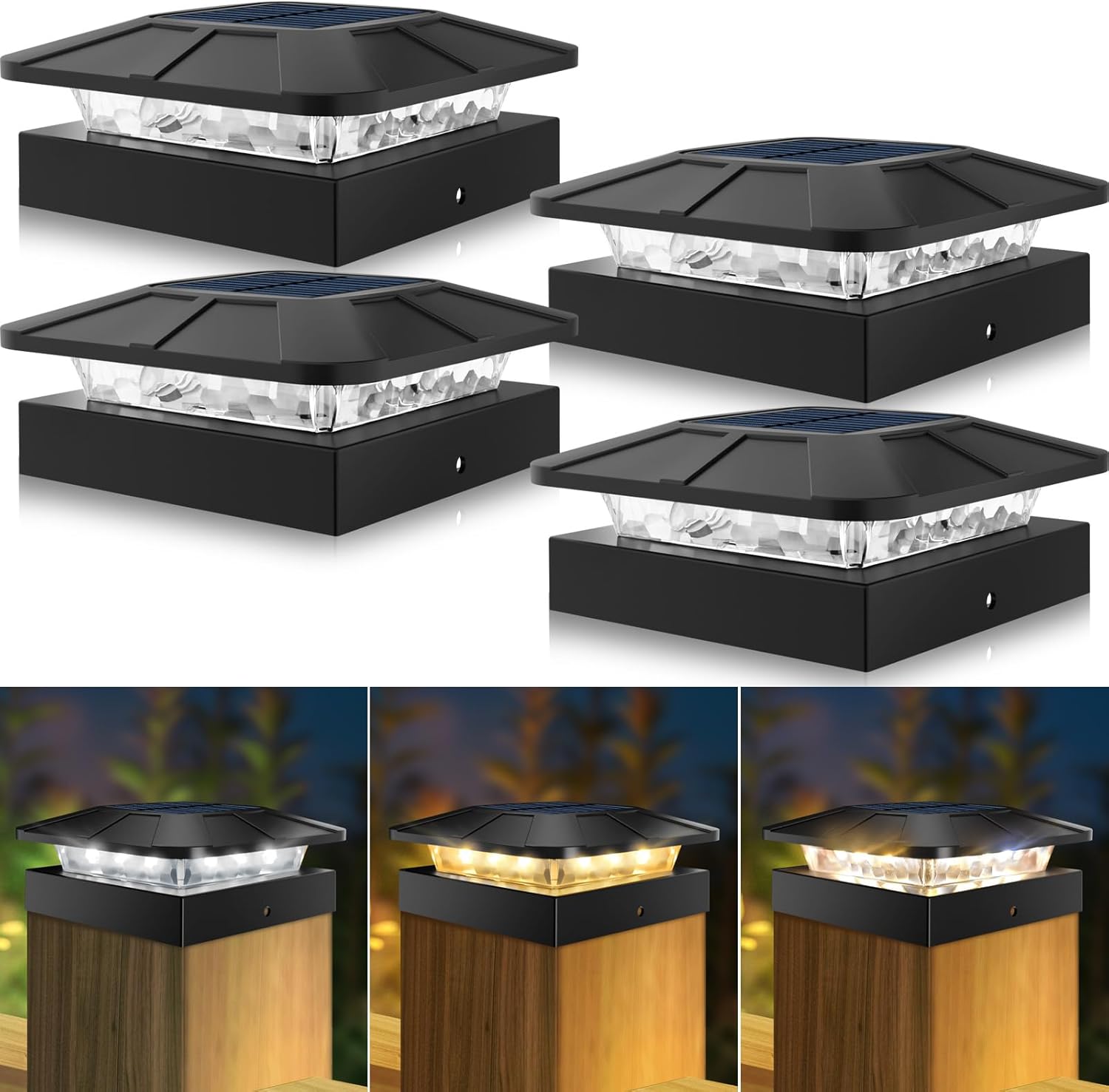 SHIYOU-4x4in Solar Post Cap Lights Outdoor with 3 Modes, 4 Packs LED ...
