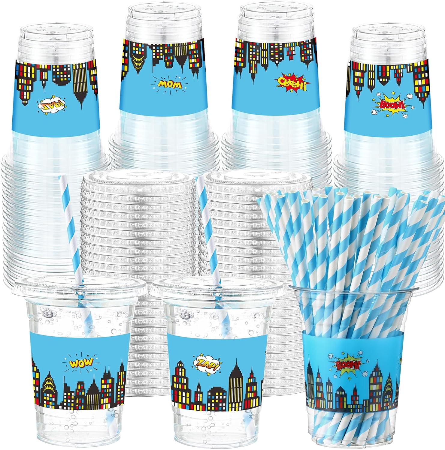 SHIYOU-50 Sets Blue Hero Theme Party Plastic Cups with Lids and Straws ...