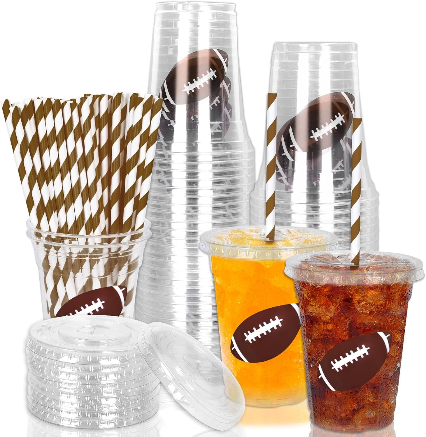 SHIYOU-50Pcs Football Disposable Plastic Cups with Lids and Straws 12oz ...