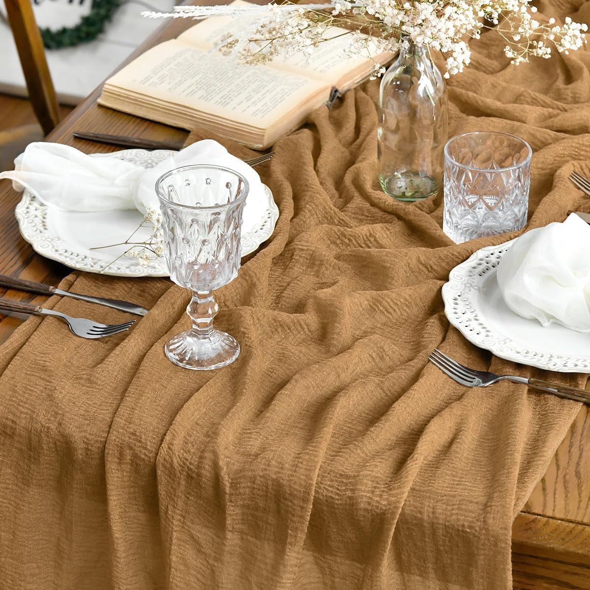 SHIYOU-Boho Cheesecloth Gauze Mustard Yellow Wedding Table Runner, 120 ...