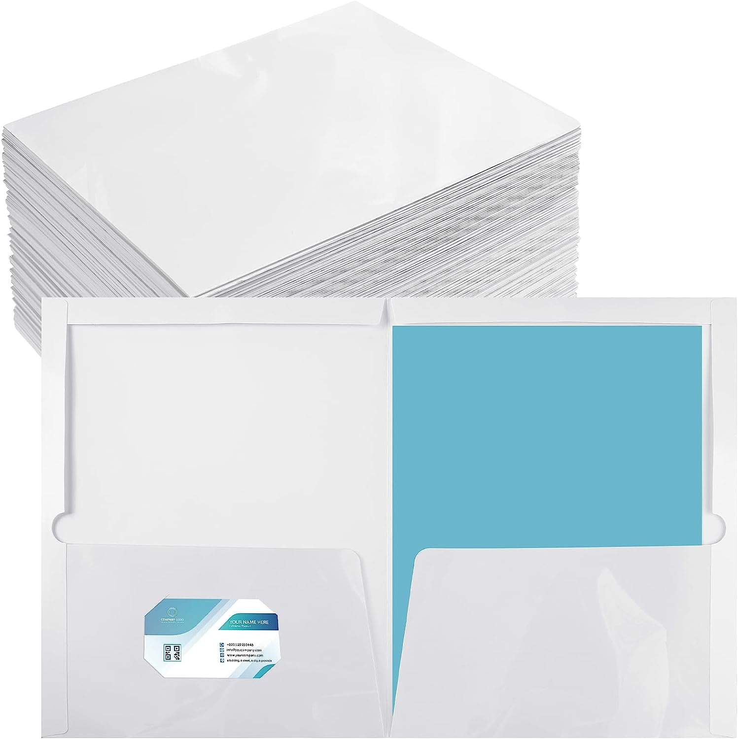 SHMAMT 100 Pack Folders with 2 Pockets Glossy Laminated White Paper ...