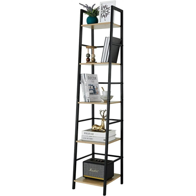 SHMAMT Bookshelf, 5-Tier Narrow Ladder Shelf Bookcase with Metal Frame ...