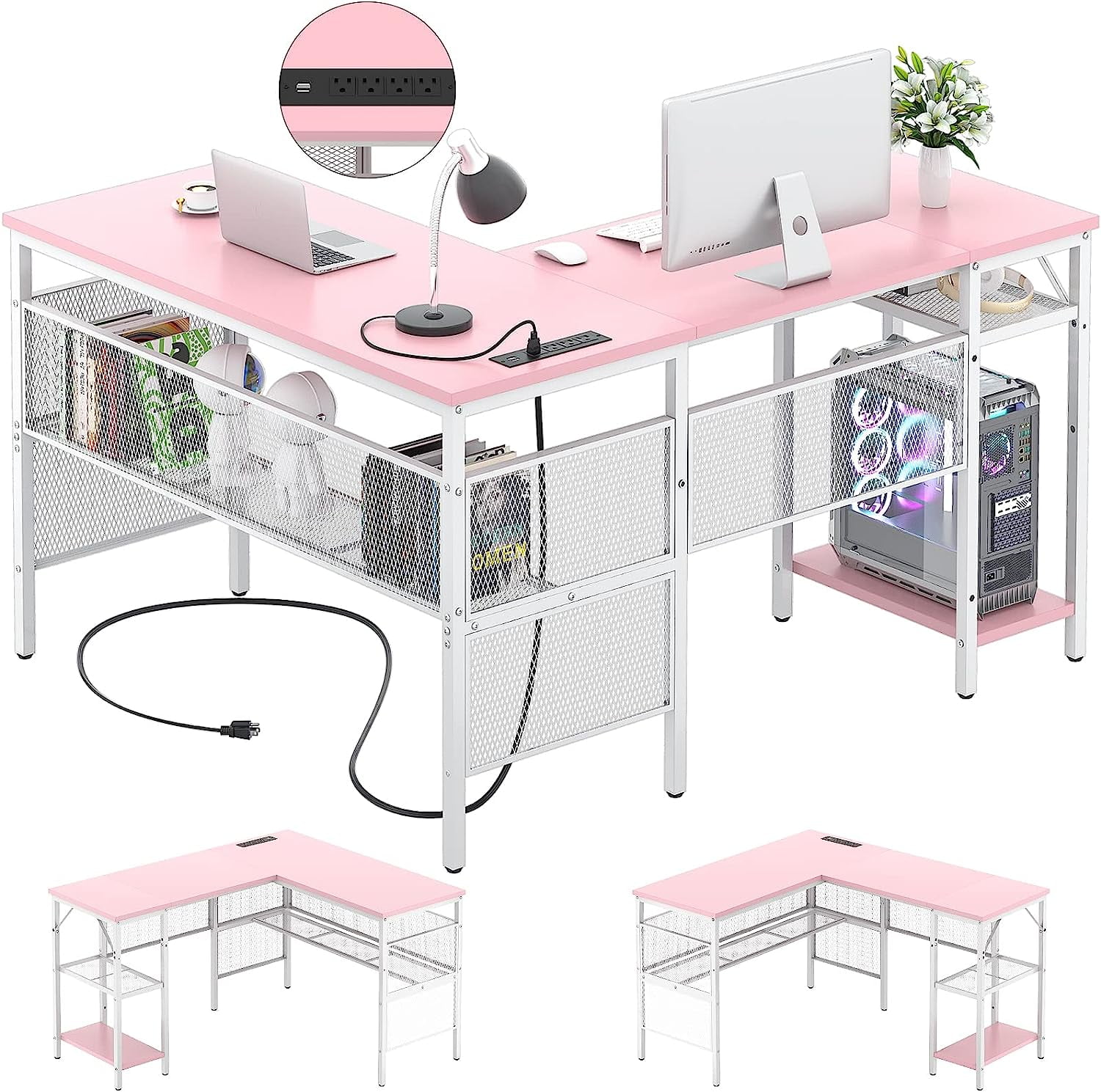 SHMAMT L Shaped Computer Desk with Power Outlet and USB Charging Port ...