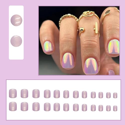 Shnwu 24 Pcs Purple Press On Nails Short Square Fake Nails Glossy Full