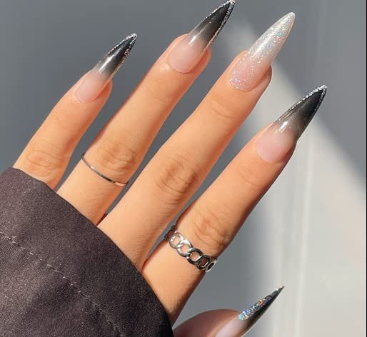 Shnwu 24pcs Gradient Press On Nails Long Stiletto Glossy Black Fake