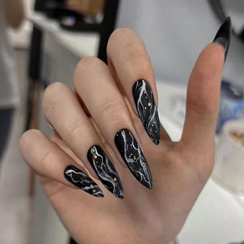 Shnwu Black Press On Nails Stiletto Long Almond Fake Nails With Design