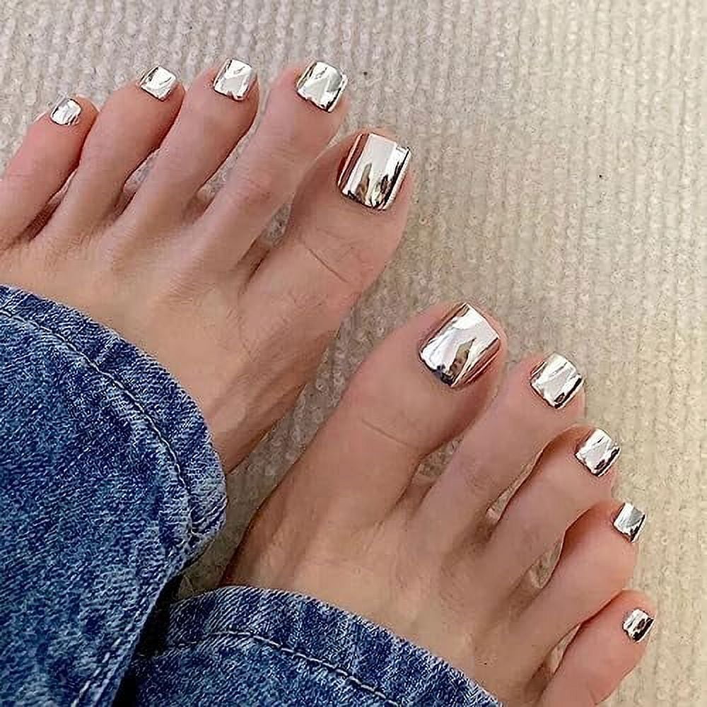 SHNWU Chrome Press on Toenails Glossy Fake Toe Nails Glue on Toenails ...