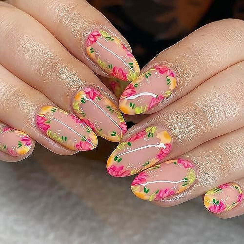 Shnwu Flower Artificial Nude Fake Nails Press On Nails Oval Shape With Floral Designs Glossy