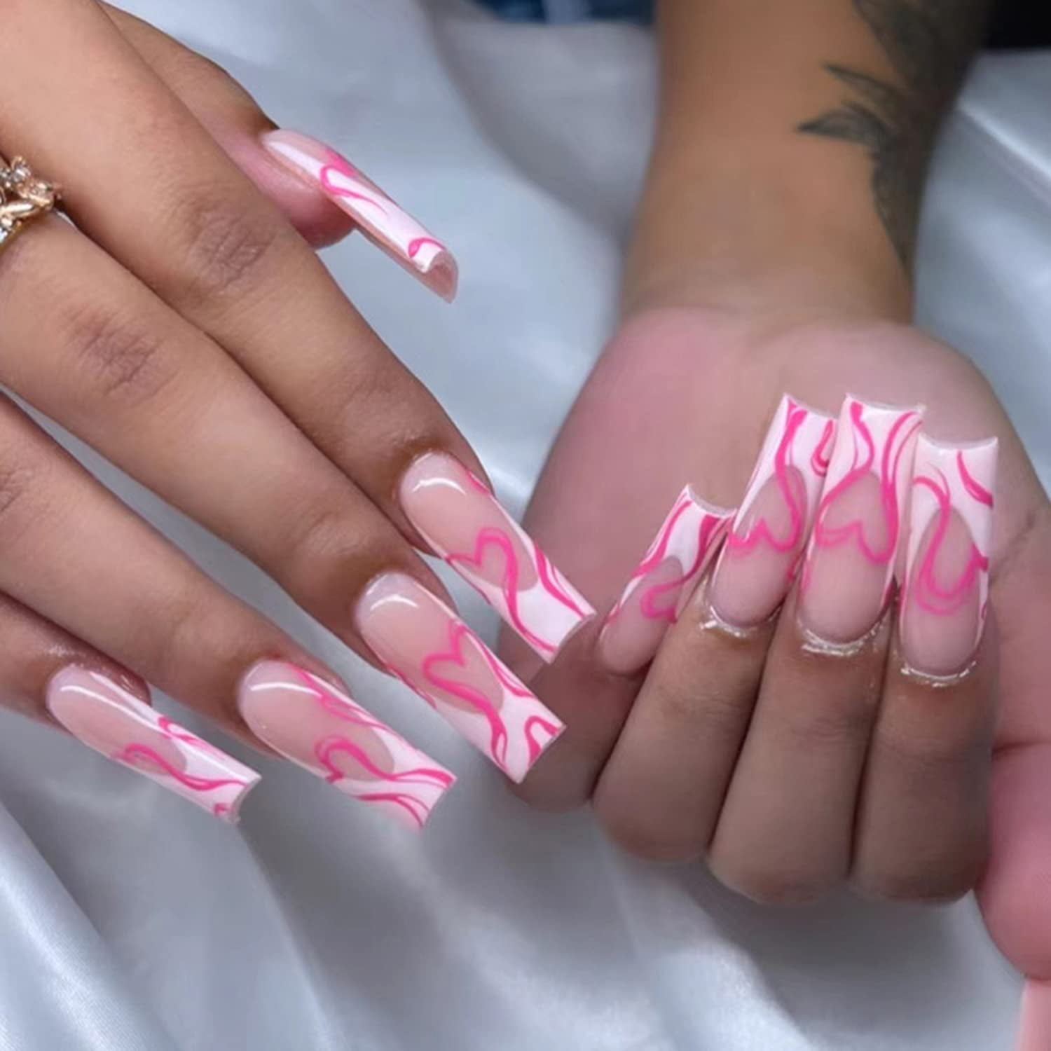 Shnwu Long Press On Nails Square French Tip Fake Nails Glossy Glue On Nails Full Cover Nude Pink