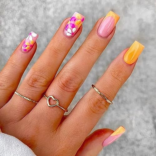 Shnwu Press On Nails Coffin With Flower Designs 24pcs Artificial Short